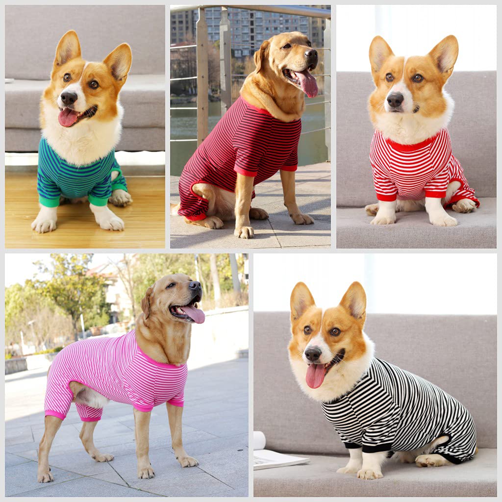 Dog Pajamas Cotton Striped Pup Jumpsuit, Breathable 4 Legs Basic Pjs Shirts for Puppy and Cat, Super Soft Stretchable Dog Jammies Boys Girls (Medium, White Red+Black)