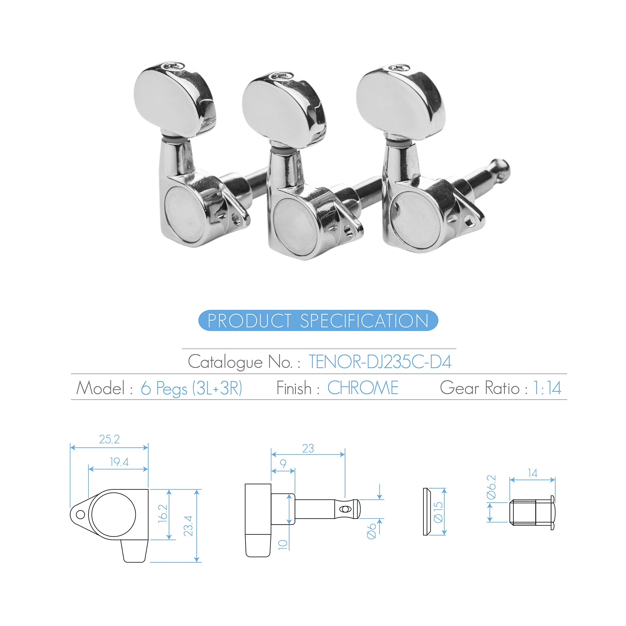 DJ235C-D4 TENOR Acoustic Guitar Tuners, Tuning Key Pegs/Machine Heads for Acoustic Guitar with Chrome Plated Finish and Chrome Plated Buttons.
