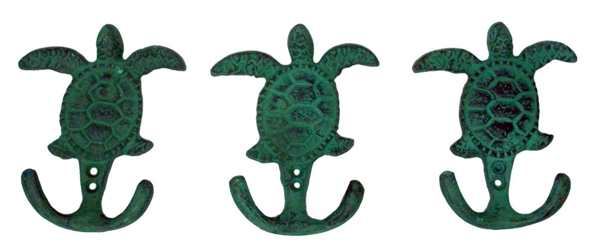 Wowser Green Turtle Cast Iron Wall Mount Coat Hooks, 4 Inch, Set of 3