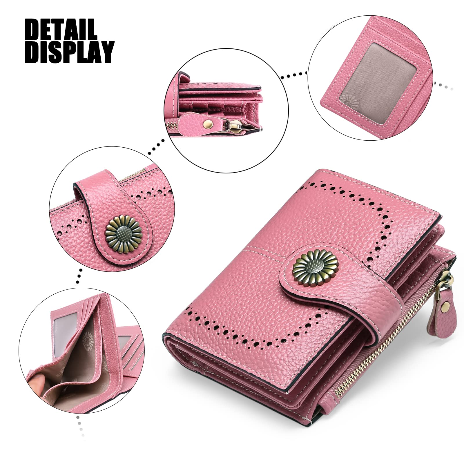 KELEEL Small Wallet for Women RFID Blocking Genuine Leather Bifold Wallet Zipper Coin Pocket Credit Card Holder Purse with ID Window