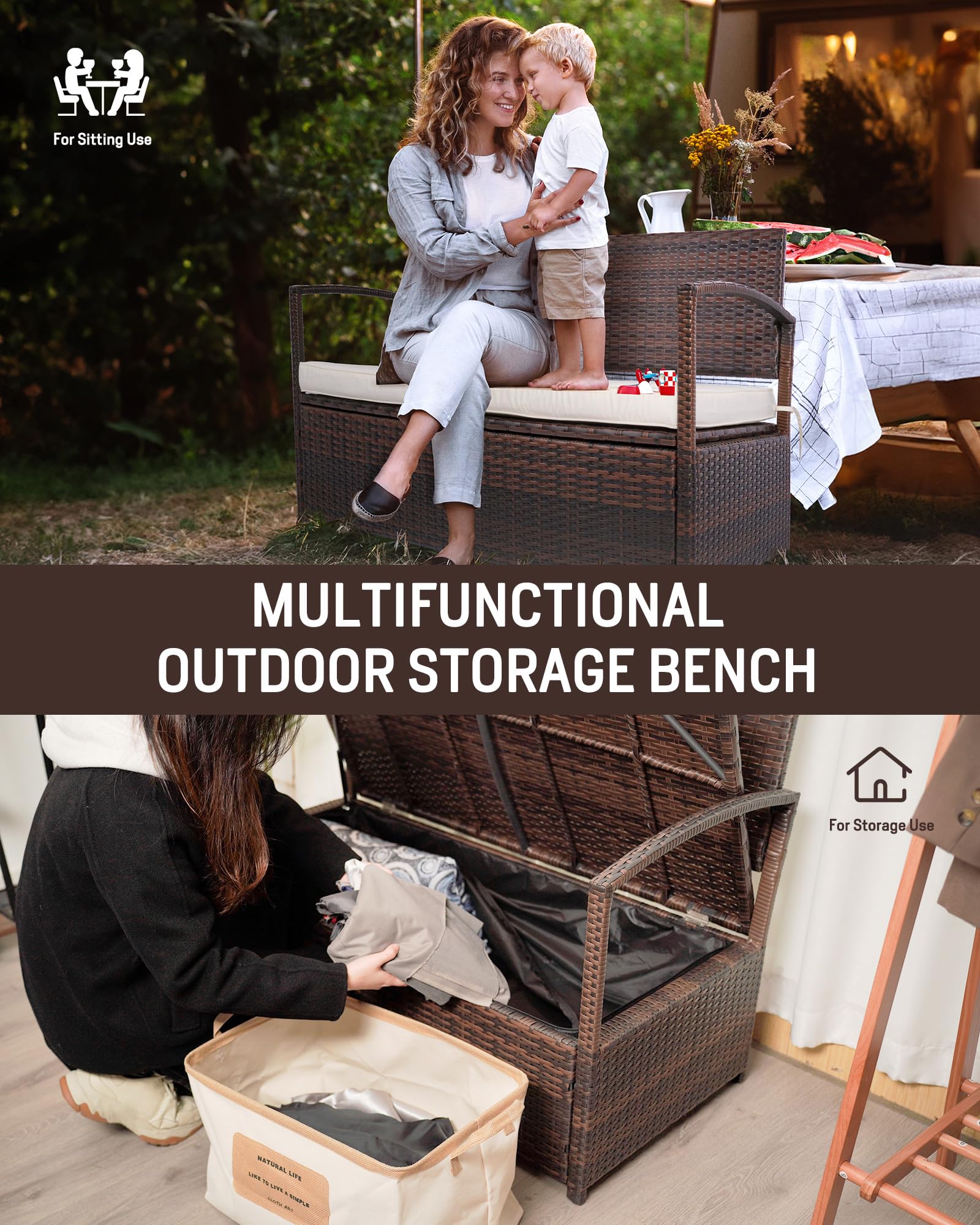 OYODHPDU 60 Gallon Outdoor Storage Bench- All Weather PE Rattan Deck Box- Deck Box w/Thick Seat Cushion- Patio Sofa Storage Bench with Cushion for Porch, Yard, Lawn, Garden (Brown)