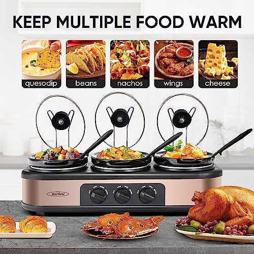 Sunvivi Triple Slow Cookers, 3x1.5 Qt Food Warmer Adjustable-Temp Server, Buffet Server for Parties, Mini Crock Dips Pot, Entertaining & Holiday, Dishwasher Safe Glass Lid & Ceramic Pot, Stainless Copper with Lid Rests, 2 Year-Guarantee