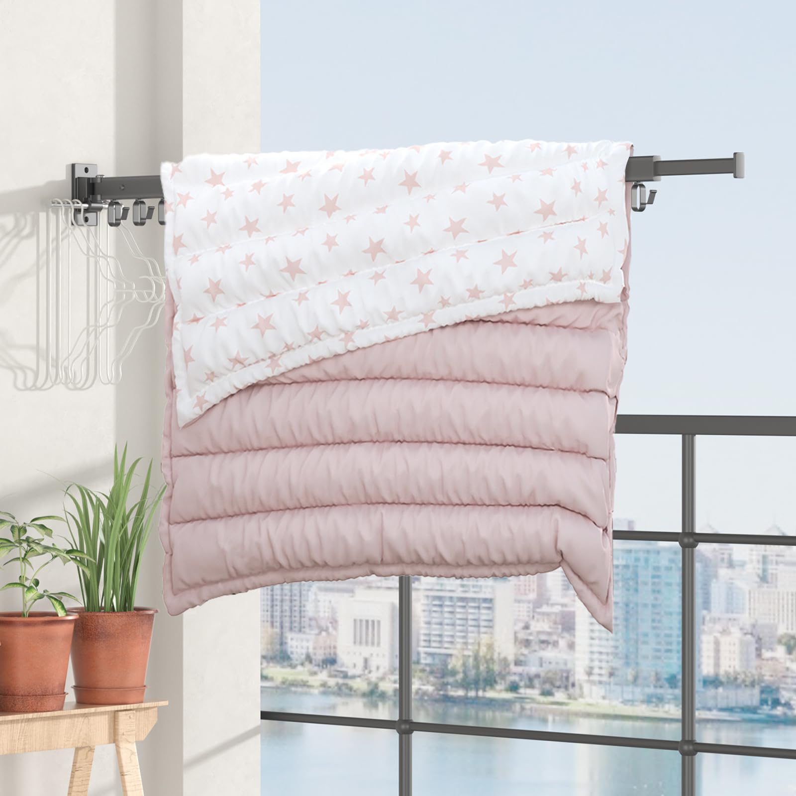 Mbillion Tri Folding Clothes Drying Rack with Extended Arm 48'' Long,Laundry Drying Rack,Wall Mounted Drying Racks for Laundry with Hooks, for Balcony,Laundry,Bathroom (3 fold with Hooks Dark Gray)