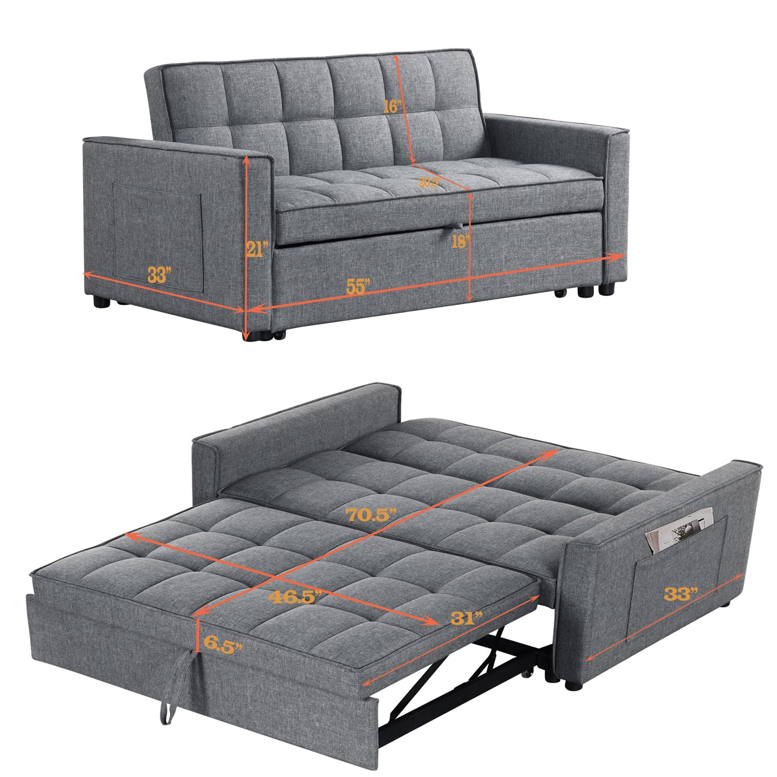 KORZEY Convertible Sofa Bed, Pull Out Sofa Couch with 3-Level Adjust Backrest, Fold Out Couches, Futon Loveseat Sleeper Recliner for Living Room, Apartment, Office,3-in-1 Light Grey