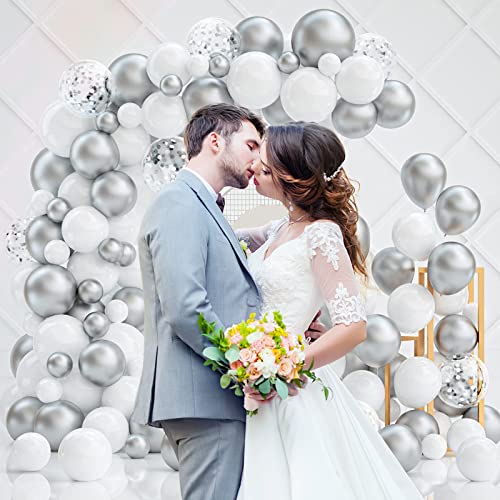 RUBFAC 105pcs White and Silver Confetti Balloons Garland Kit, White Metallic Silver and Silver Confetti Party Balloons for Birthday, Graduation, Wedding Party Decoration