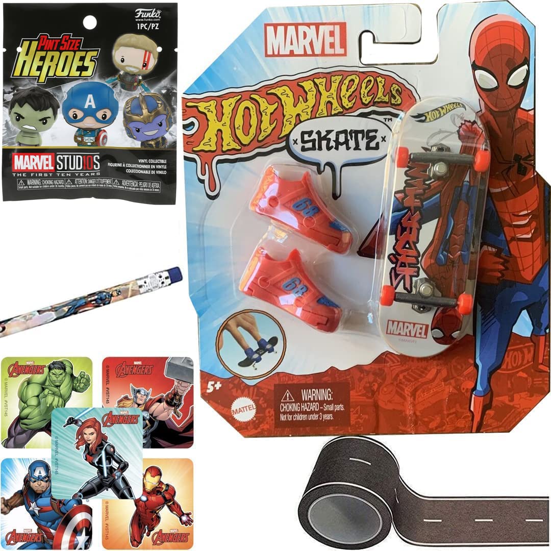 Hot Wheels Spider-Web Skate Hero Bundled with Spider-Man Spidey Senses Tingling Finger Skateboard Deck + Marvel Stickers! + Blind Capsule Mini Fun & Road Tape + Team Pencil 4-Items