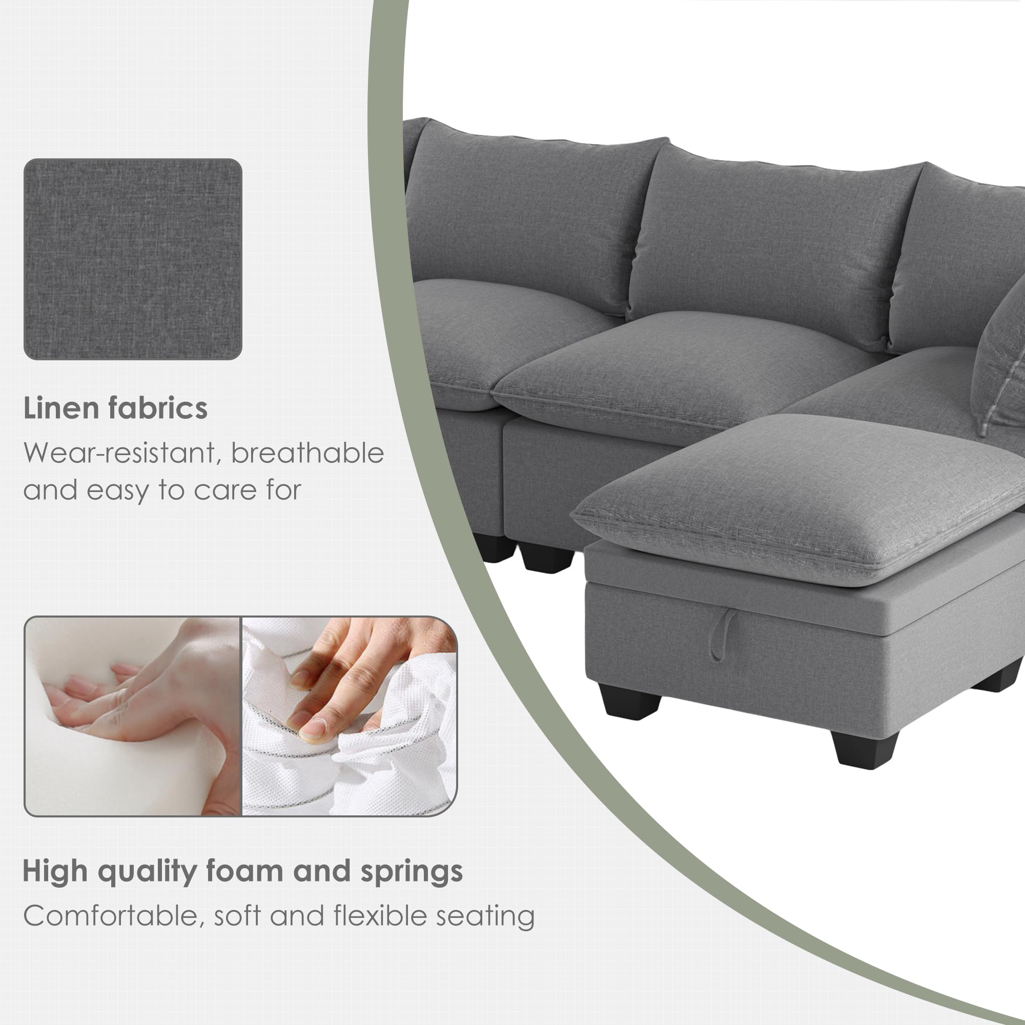 KIVENJAJA Oversized Modular Sectional Couch, Linen Fabric 7 Seater U Shaped Sofa Set with Storage Ottoman & Loose Back Cushions, Living Room Furniture Set, 118”W, Grey
