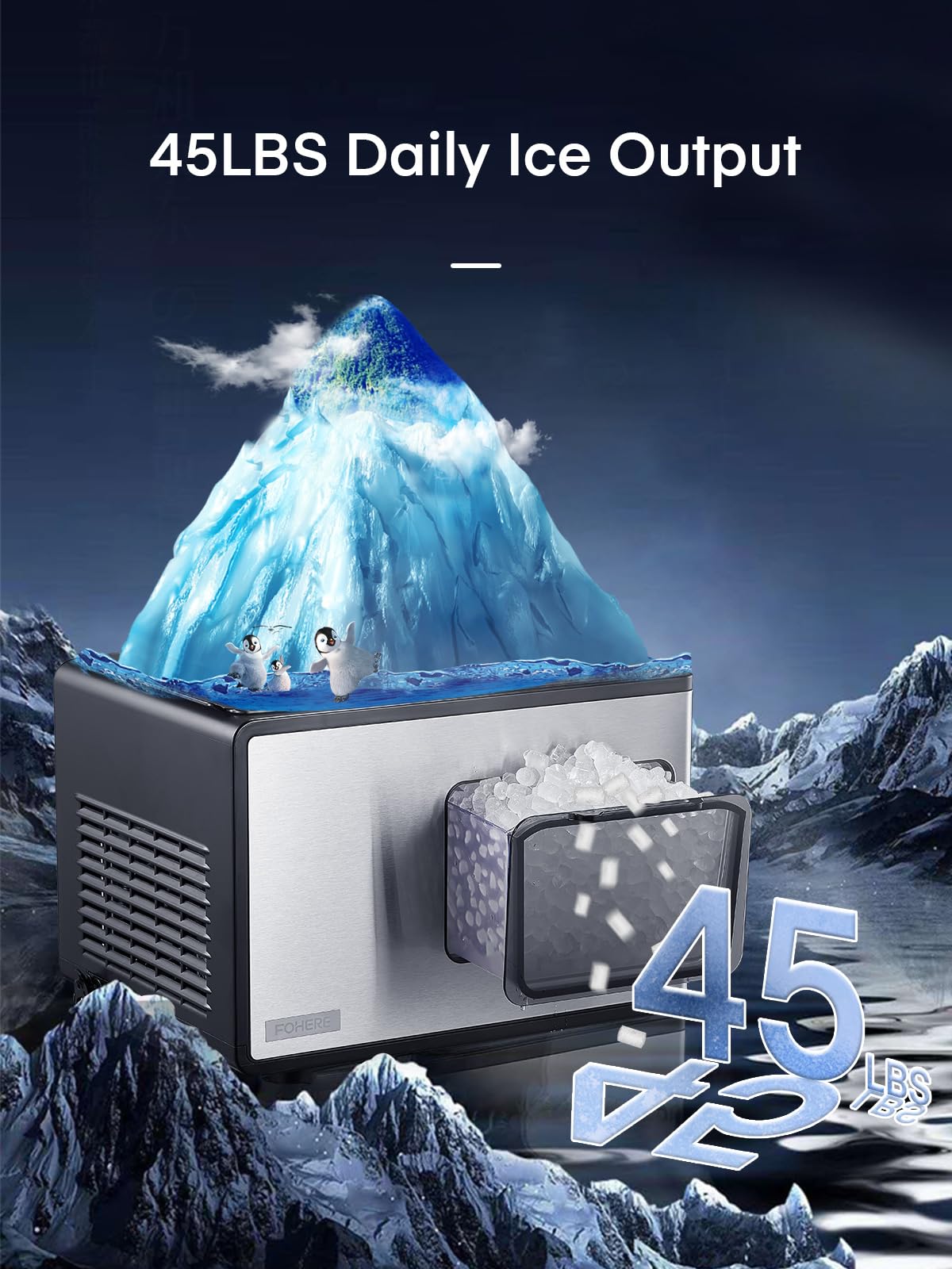 Nugget Ice Maker Countertop, 45lbs/24H, Pebble Ice Maker with Soft Chewable Ice, Self Cleaning Sonic Ice Machine, Stainless Steel, Touch Screen, Compact Design for Home Office Party - Silver