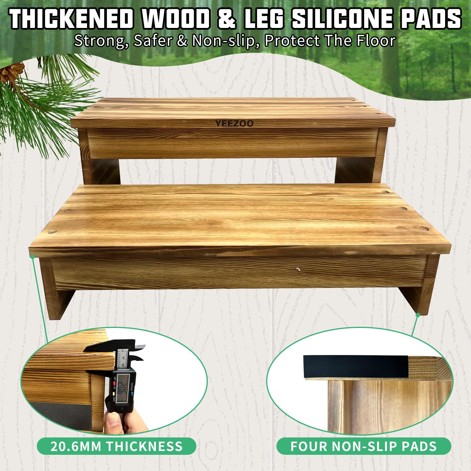 Long wooden step stool, 2 steps wood stool with non-slip pads for kitchen high bed for kids, adults and elderly (26.8" L*20.1" W*11.8" H)