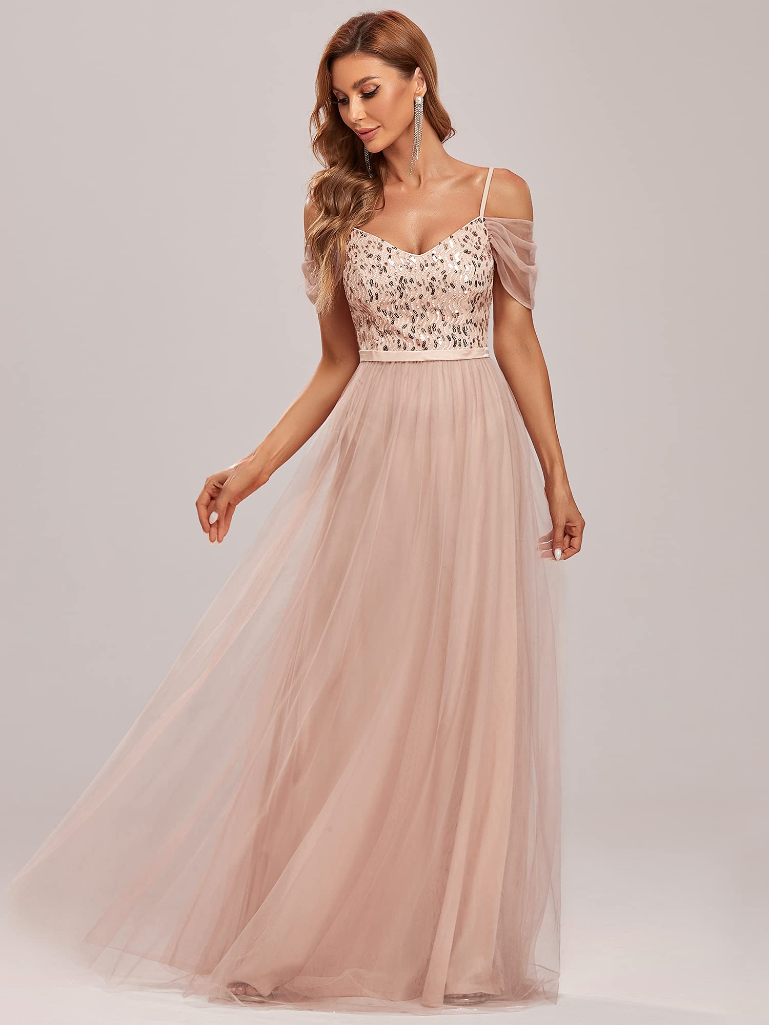 Ever-Pretty Womens Maxi Short Sleeves Straps V Neck A-line Tulle Bridesmaid Dress Rose Gold US14