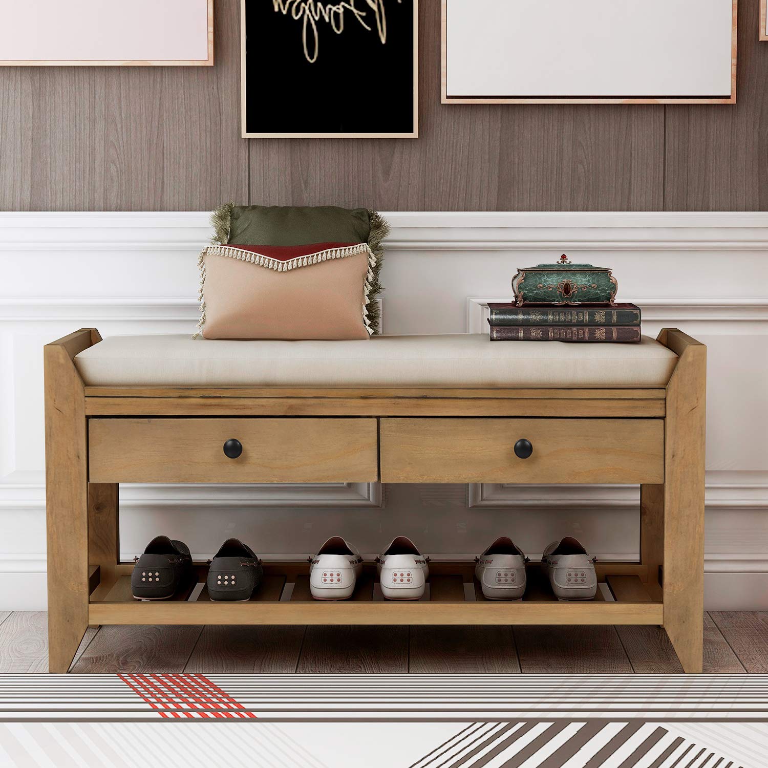 FRANSOUL Shoe Cushioned Seat and Drawers, Multipurpose Storage Bench for Entryway/Dining Living Room,Khaki