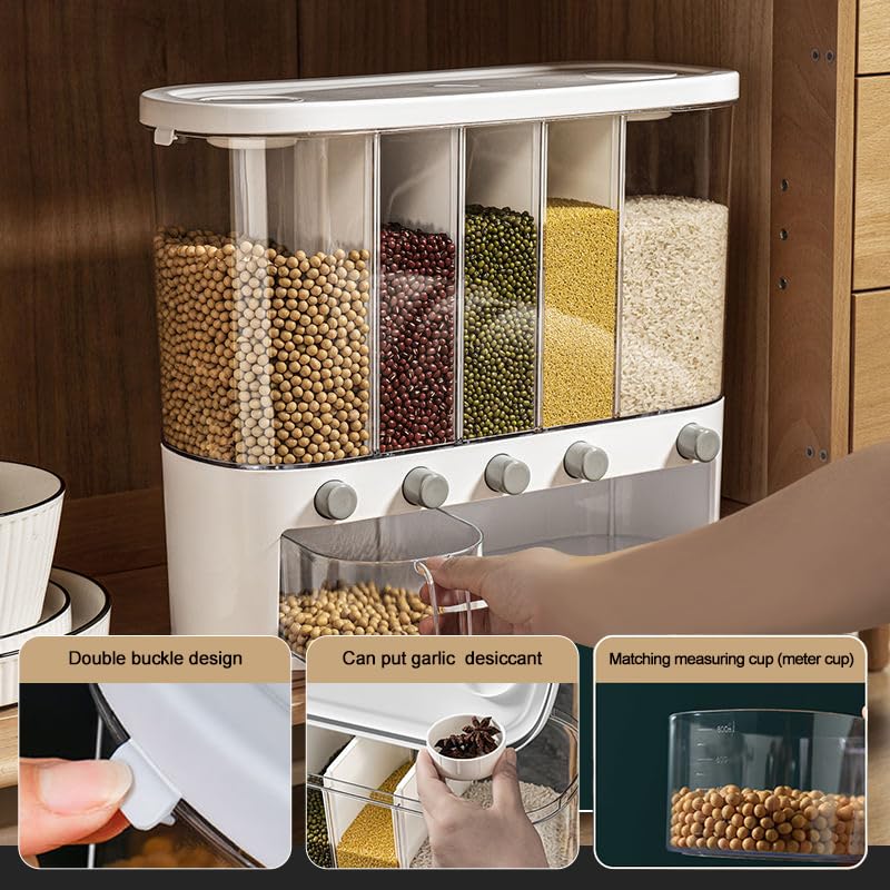 Frelacy Rice dispenser with a capacity of 25 pounds,Wall mounted 5 Grid Dry Food Dispenser work with solid seeds and grains.for rice, mung beans, red beans, lentils