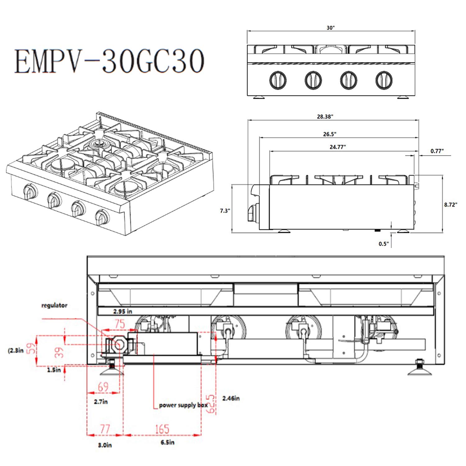 Empava 30 in. Slide-in Natural Gas Rangetop with 4 Burners in Stainless Steel, 30GC30