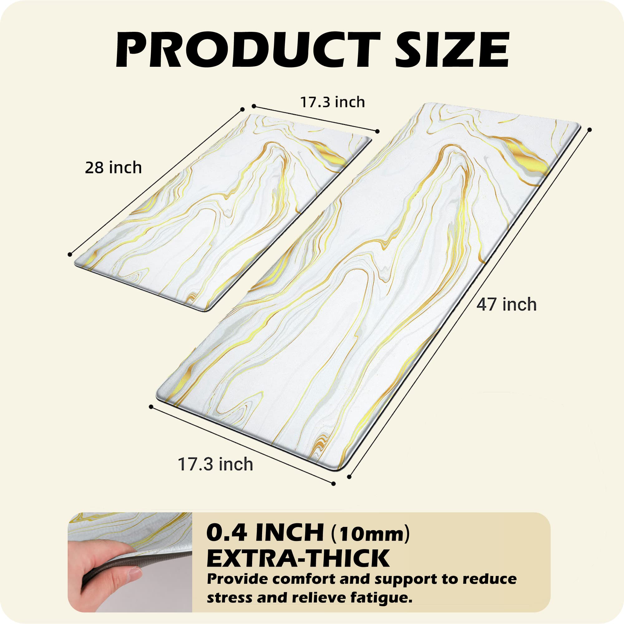 Gold and White Kitchen Rugs 2/5 Inch Thick Cushioned Anti Fatigue Marble Kitchen Mats 2 PCS Waterproof Non-Slip PVC Runner Rug Comfort Floor Mat for Kitchen Sink Laundry,17.3''x 28''+17.3'' x 47''