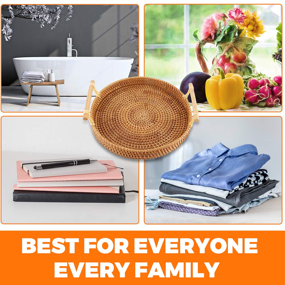 Handmade Rattan Round Woven Basket, Round Serving Tray with Handles, Food Serving Baskets, Basket, Great to Display Bread Or Fruit (10.6", 1pc)