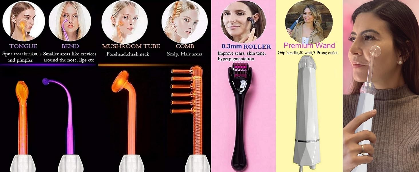 Lift Wand FX Premium High Frequency Wand w/ 5 Attachments Includes 0.3mm Micro-Needle Roller High Frequency Facial Device| Anti-Aging Skin Tightening Facial Wand 20 Watts