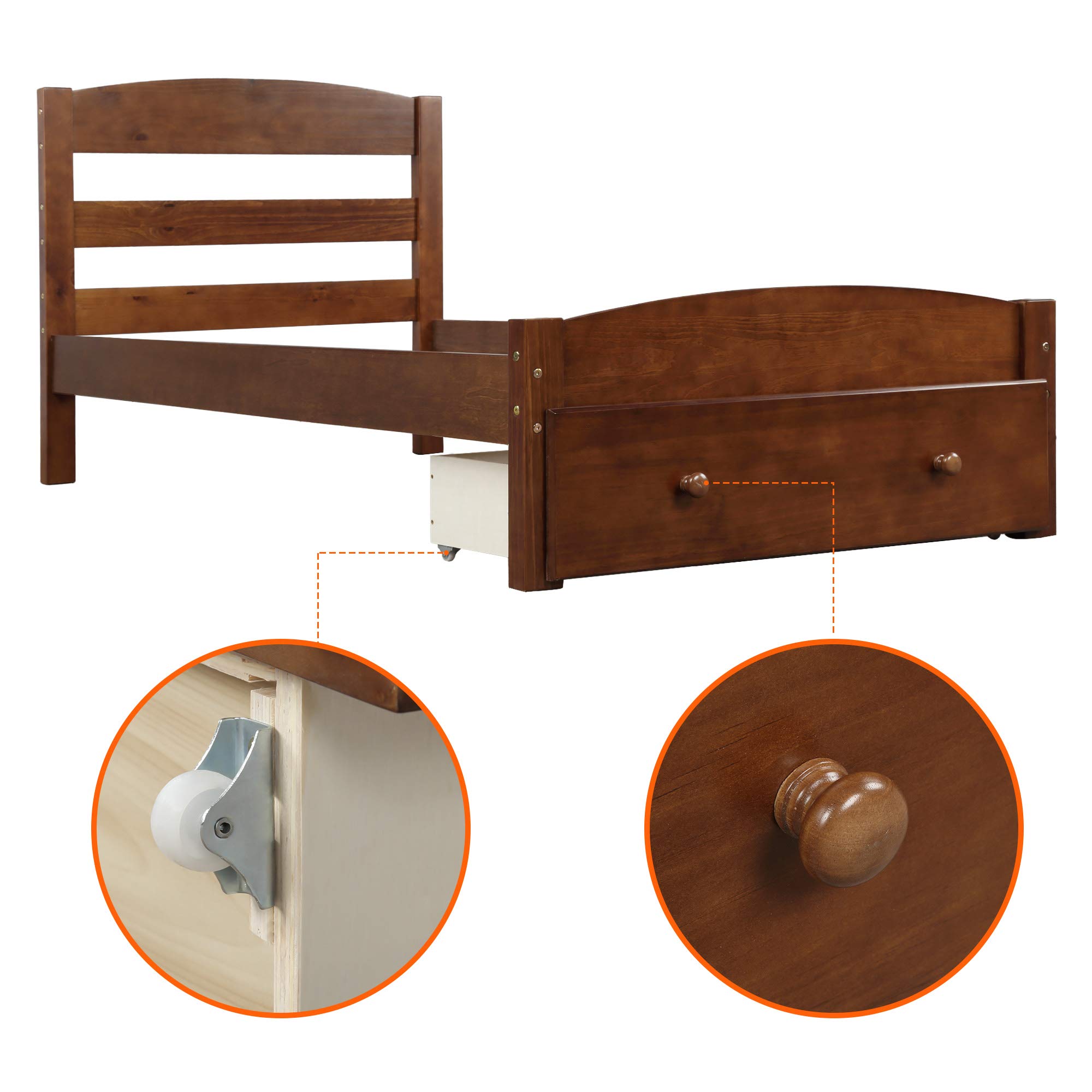 SOFTSEA Twin Size Platform Bed Frame with Drawers, Platform Bed with Headboard and Footboard, Wood Platform Bed for Bedroom, No Box Spring Needed, Walnut