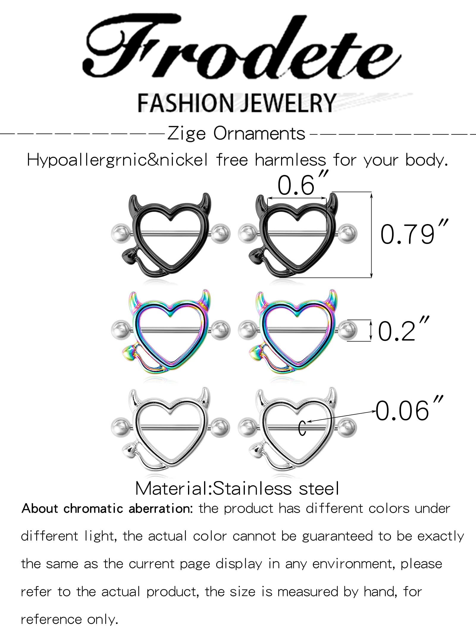 Frodete 6 Pcs Devil Nipple Rings Heart Nipple Ring for Women Silver Black Nipple Barbells Nipple Piercing Body Jewelry