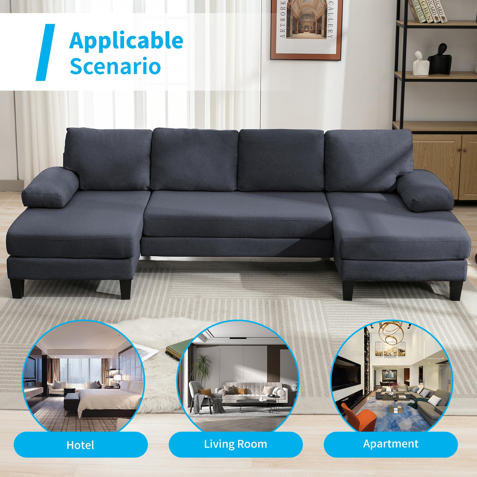 Mjkone Convertible Sectional Sofa U-Shaped Couch with Double Chairs Couch Set Soft Linen Fabric Sofa for Living Room Oversized Seats Comfy Backrest, 112 Inch - Dark Grey