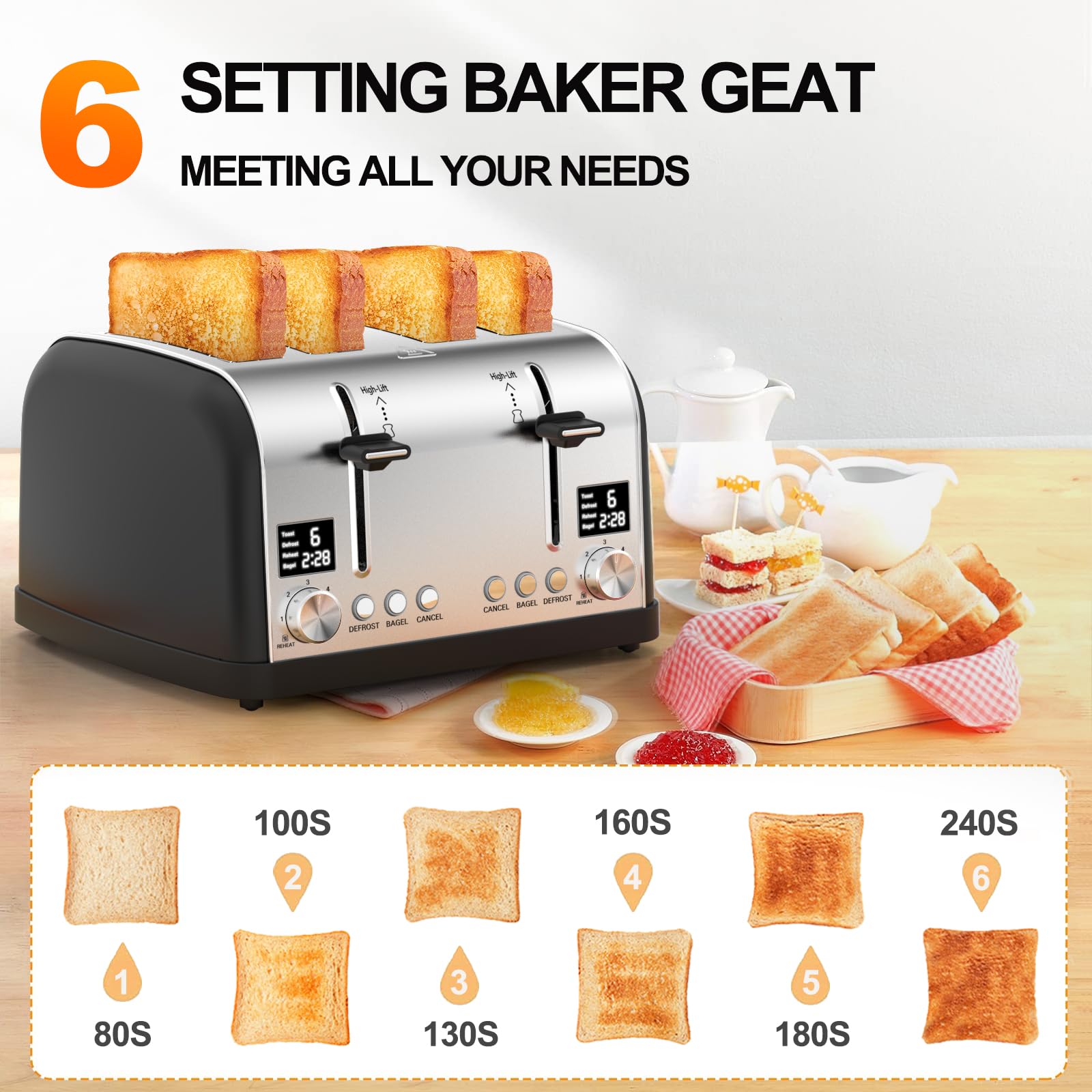 Toaster 4 Slice,Ultra-Clear Led Display, Dual Control Panels With Independent Settings,Retro Stainless Steel Toaster Wide Slot for Waffles, 4 Slice Toaster with Bagel LainstenT-5057D (Black)