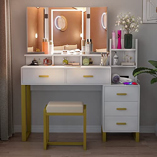 PAKASEPT Vanity Set with Lighted Tri-fold Mirror, 45.59'' Large Vanity Desk with Charging Station, 3-Color Adjustable Touch Light, 5 Drawers, Storage Shelves&Cushioned Stool Makeup Vanity for Bedroom