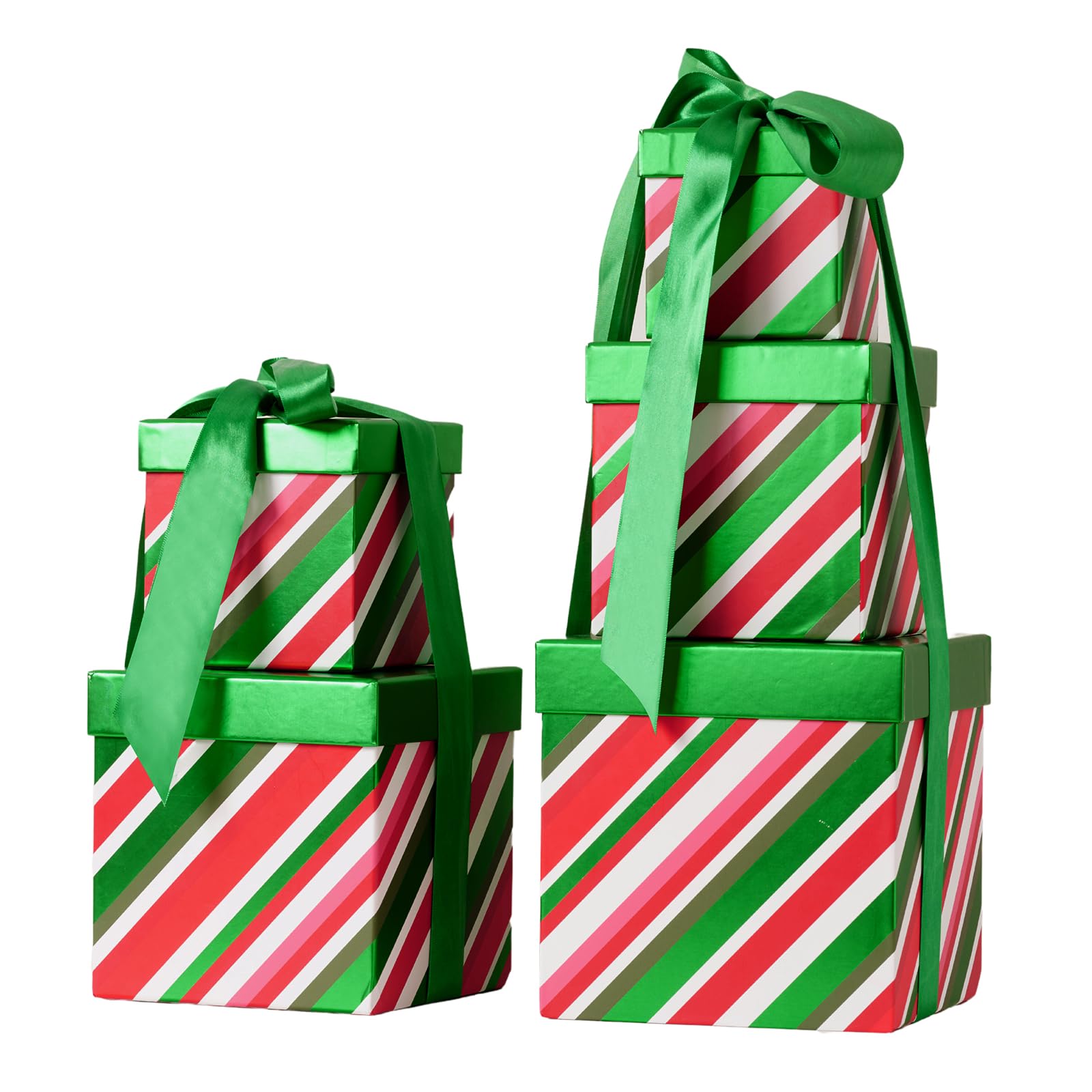 PAPER FAIR 5PCS Christmas Nesting Gift Boxes with Lid, Xmas Nested Box Set, 5 Sizes, Square Stackable, Green Red Stripe Paper Box Tower Décor with Satin Ribbon, for Holiday Thanksgiving New Year