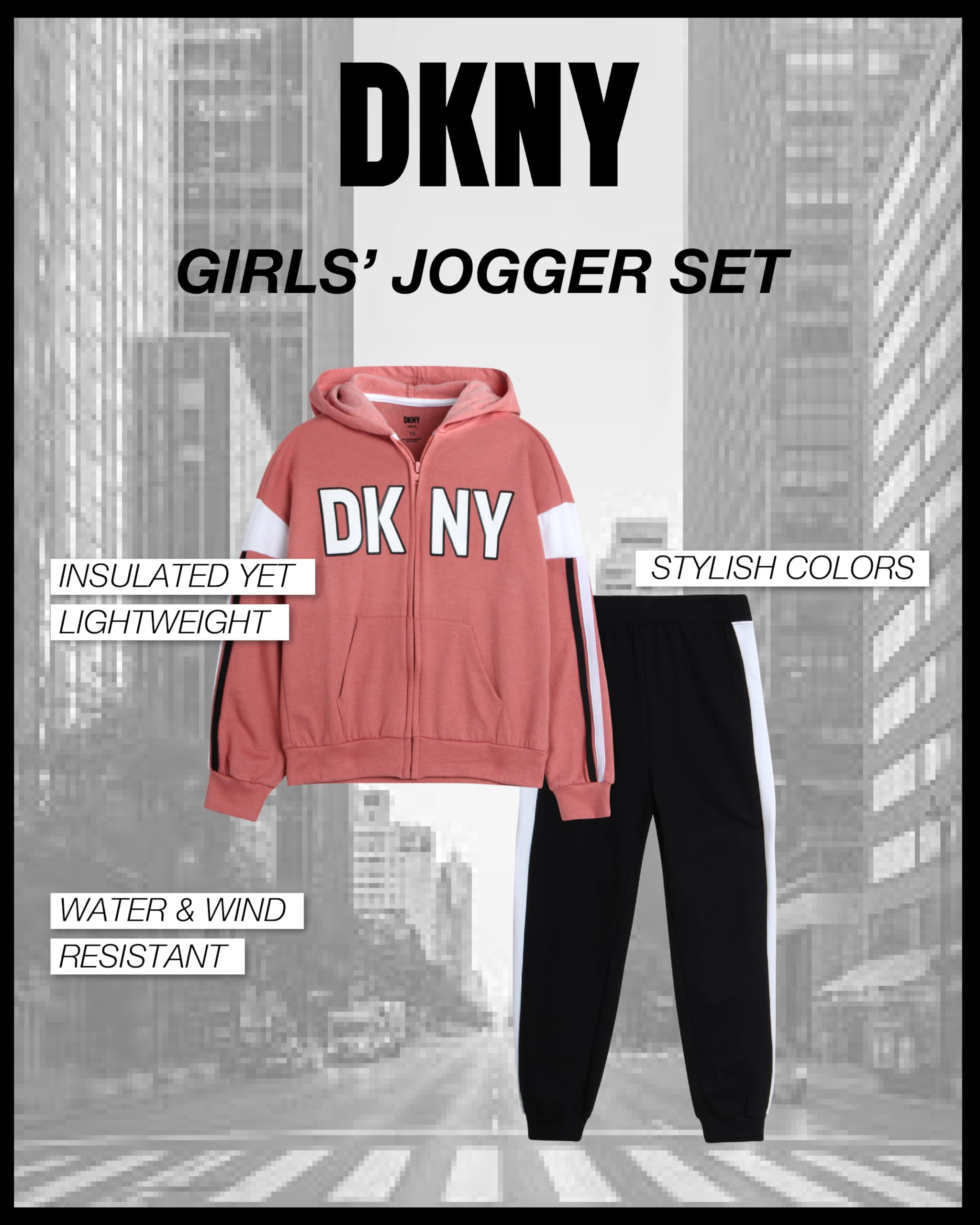 DKNY Girls’ Jogger Set – 2 Piece Hoodie and Sweatpants Kids Clothing Set (Size: 4-12), Size 14-16, Black/Rosette