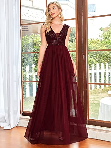 Ever-Pretty Women's Long Glitter A-line Tulle Formal Wedding Party Dress for Women Burgundy US14