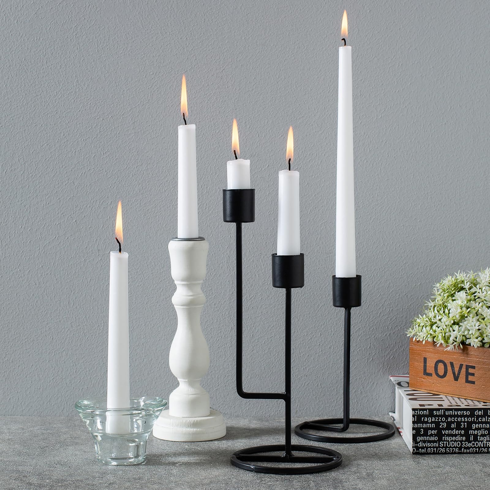 Pandaing 36 Pack White Taper Candles, 7-8 Hours Burn Time, Unscented and Smokeless, 4/5 x 10 Inch Dinner Candle Set for Household, Wedding, Party and Home Décor Candlesticks