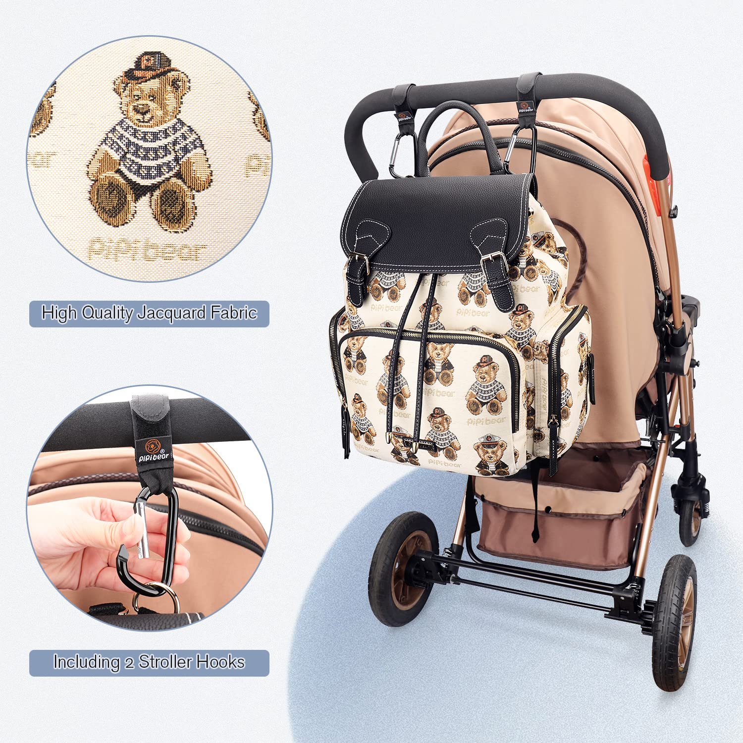 pipi bear Diaper Bag Backpack with Stroller Straps, Stylish Jacquard Travel Diaper Back Pack for Mom and Dad, Multi-function Baby Changing Bag, Maternity Nappy Bag for Boys and Girls, Cream