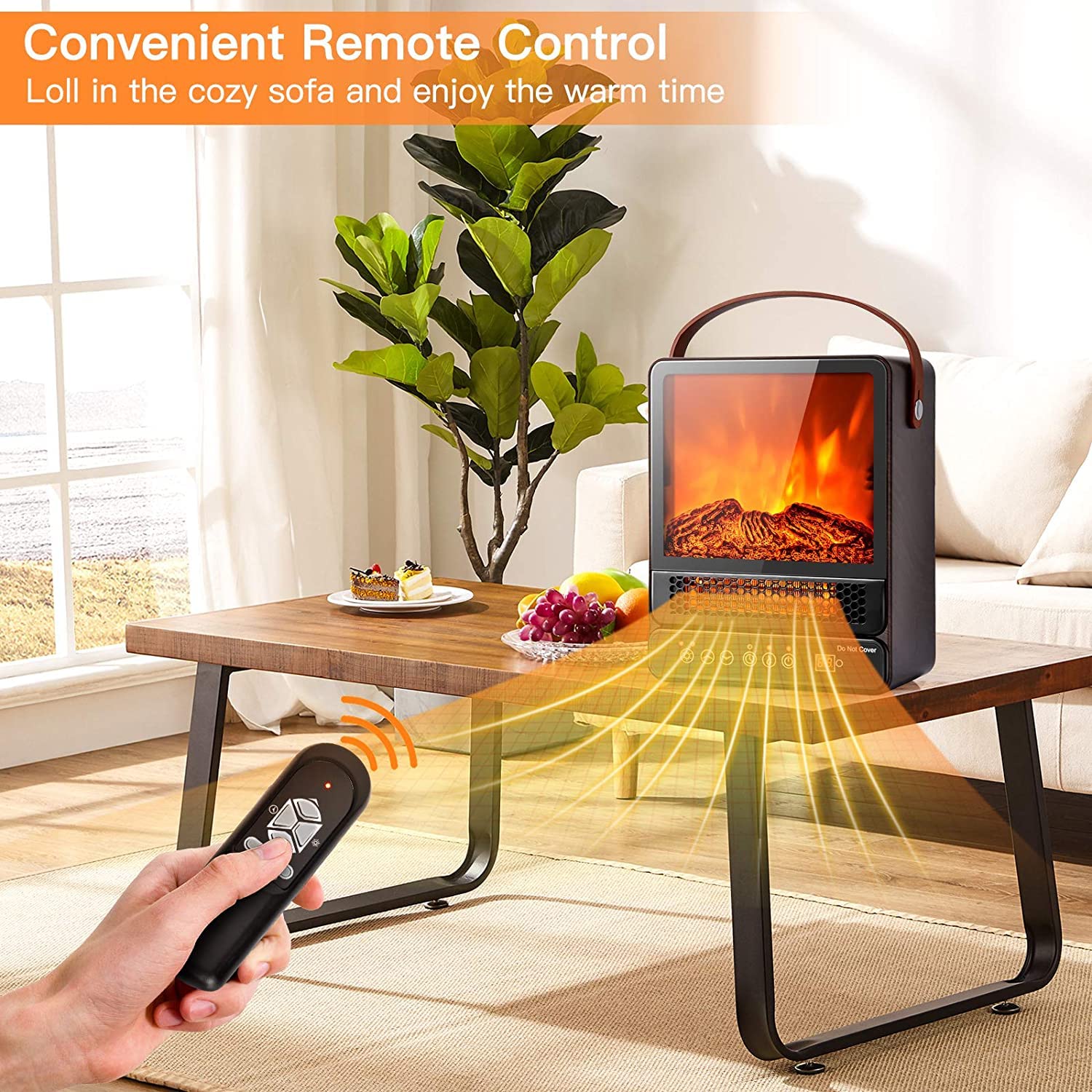 FUTADA Portable Electric Fireplace, 750W/1500W Mini Electric Heater, Small Fireplace with Realistic 3D Flame Effect, Remote Control, Tabletop Fireplace Heater for Home Office Indoor Use (Walnut)