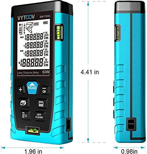 Laser Measure VYTOOV 196Ft Laser Distance Meter 2 Bubble Levels M/Ft/in Switching Laser Measurement Tool Measuring Distance, Area, Volume, Pythagoras, Large Backlit LCD, IP54 Dustproof & Waterproof