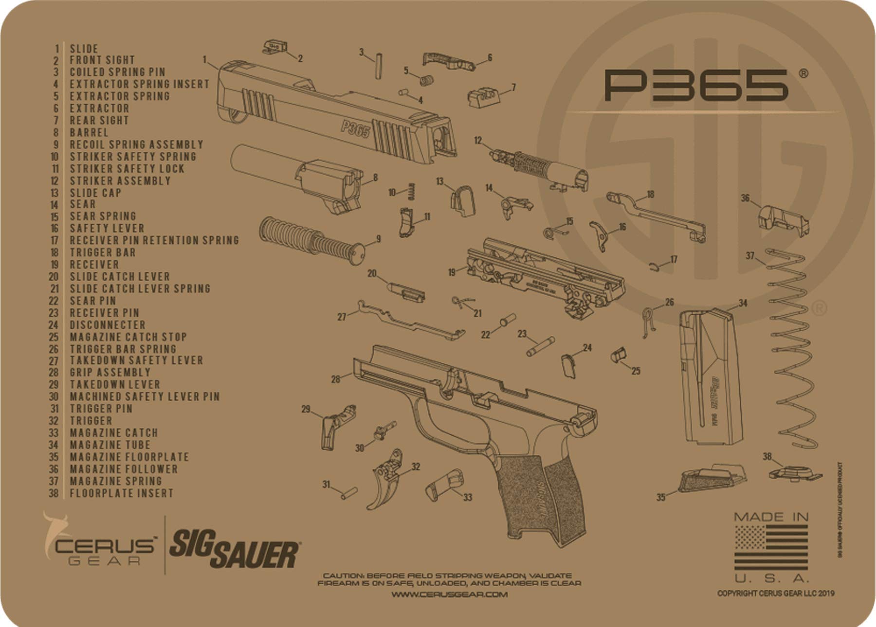 EDOG SIG P365 Tan (Exploded View) Flat Dark Earth PPistol Cleaning Mat & Range Warrior Handgun Cleaning Kit & E.D.O.G. Tac Pak Cleaning Essentials