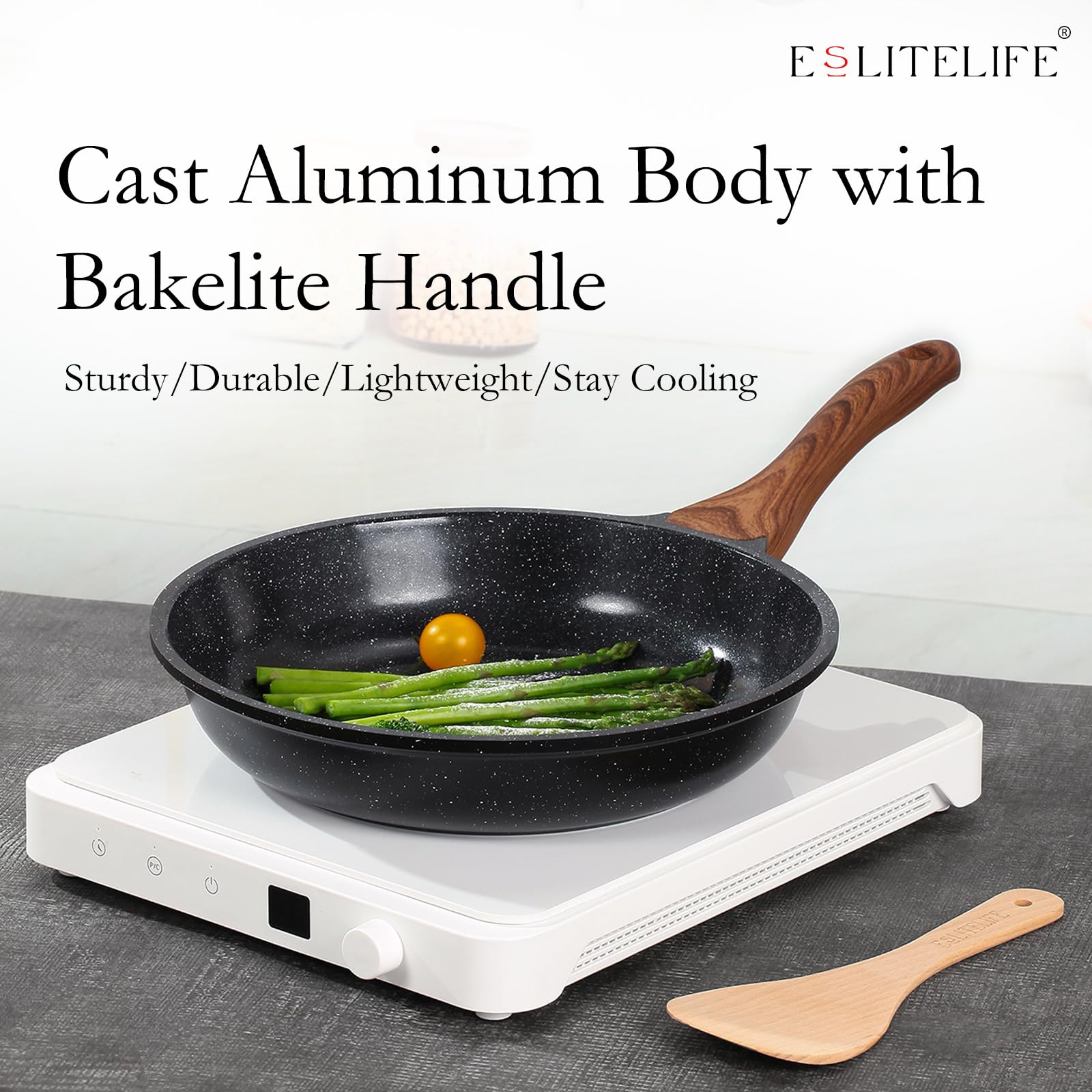 ESLITE LIFE Nonstick Ceramic Frying Pans Skillets Set, Non-Toxic Egg Omelette Kitchen Cooking Pans Compatible with All Stovetops (Gas, Electric & Induction), PTFE & PFOA Free (Black)