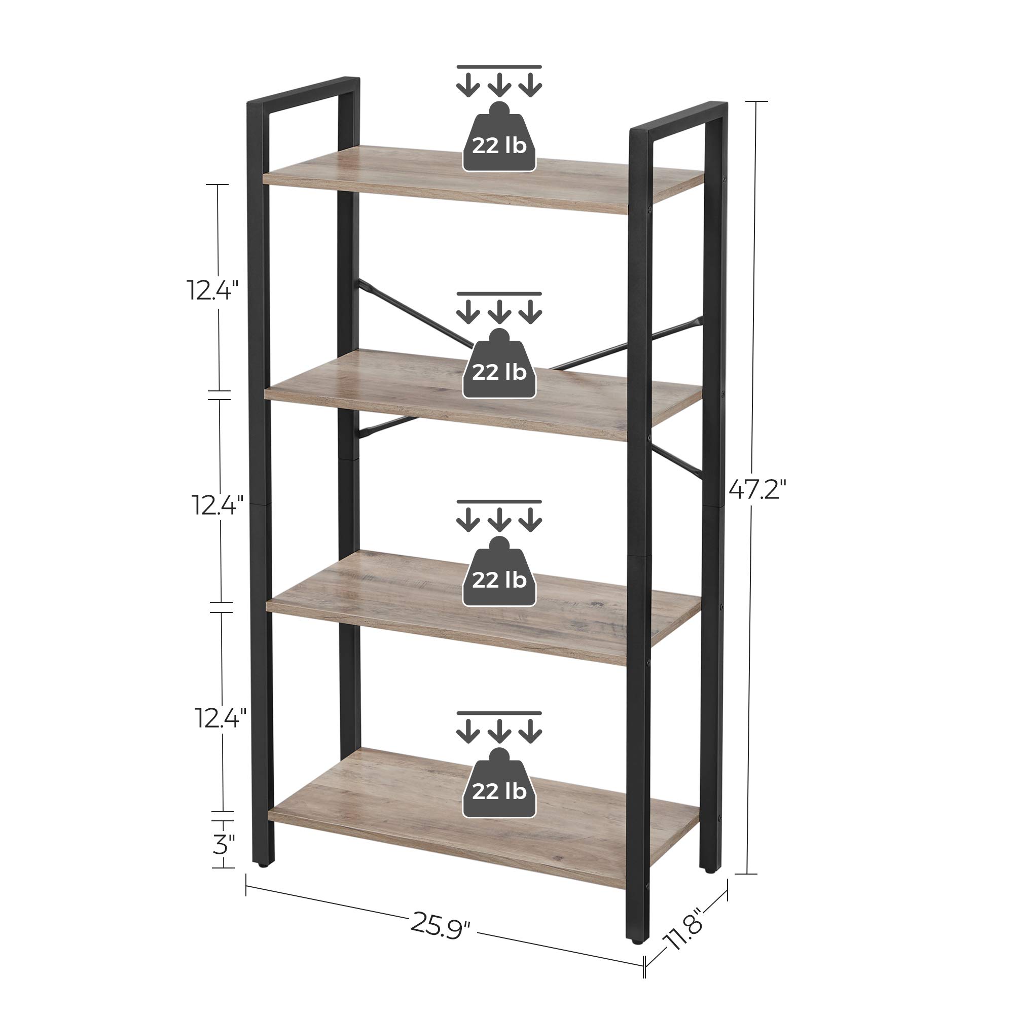VASAGLE 4-Tier Tall Bookshelf, Bookcase with Steel Frame, Book Shelf for Living Room, Home Office, Study, 11.8 x 25.9 x 47.2 Inches, Industrial Style, Greige and Black ULLS060B02