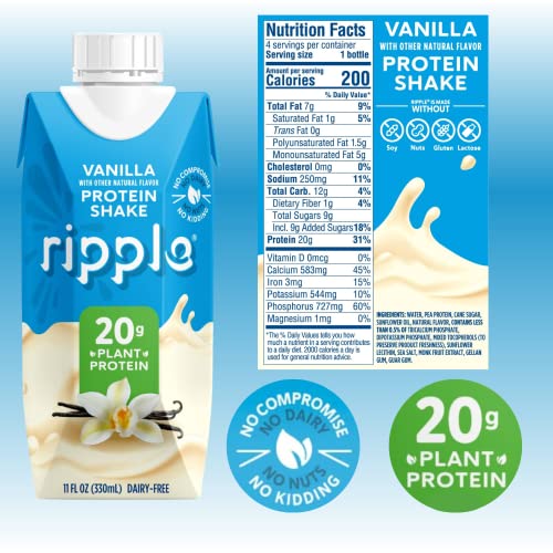Ripple Vegan Protein Shake, Vanilla | 20g Nutritious Plant Based Pea Protein in Ready to Drink Cartons | Non-GMO, Non-Dairy, Soy Free, Gluten Free, Lactose Free | Shelf Stable | 11 Fl Oz (4 Pack)