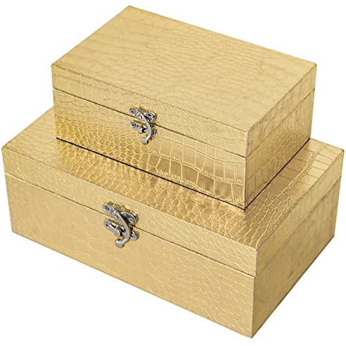 JUMBO HUMBLE Set of 2 Wooden Decorative Nesting Storage Boxes, Gold Crocodile Leather with Clasp for Home Kitchen Living Room, Ideal Gift for Wedding Memories Jewelry Trinket