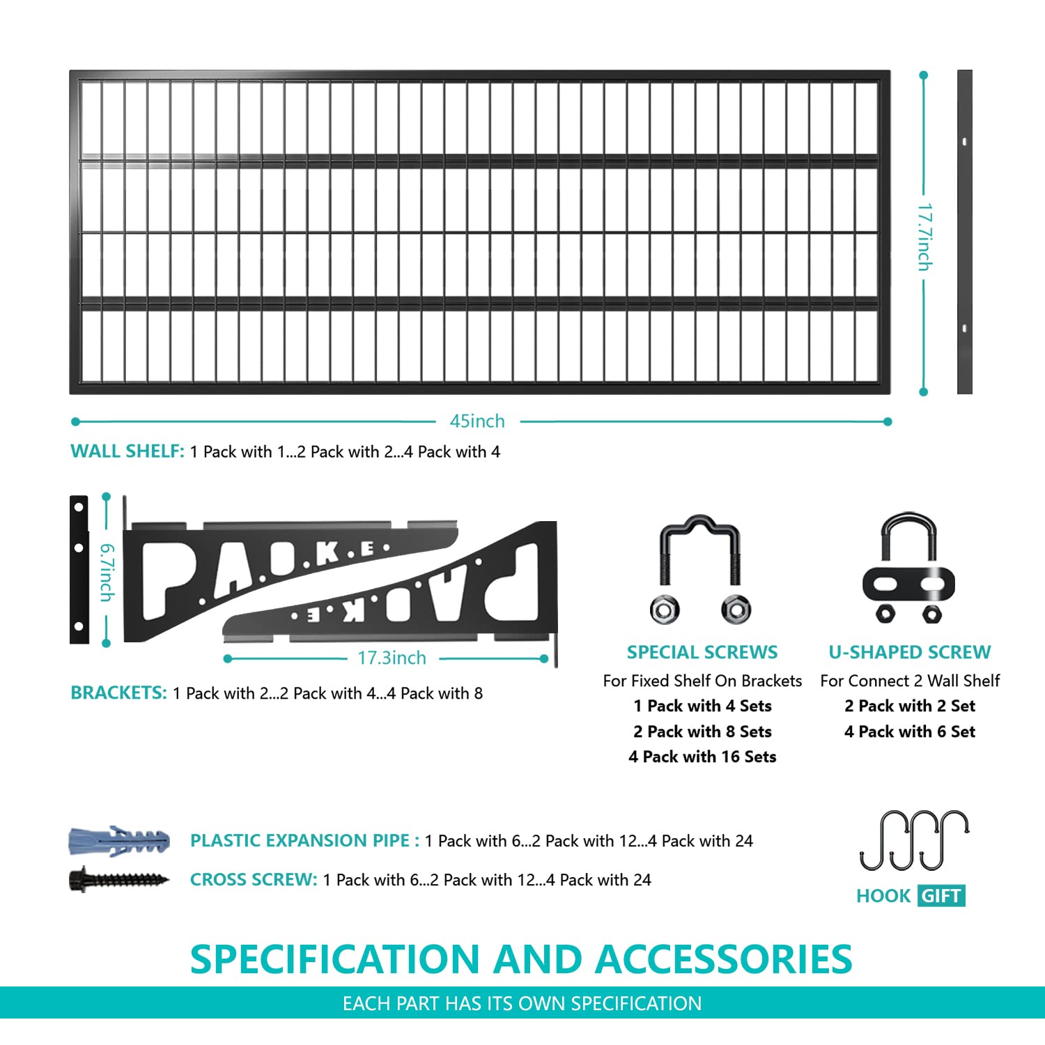 PAOKE Garage Wall Shelving, Heavy Duty Floating Shelves, Load Capacity Up to 1000 lbs, Easily Mounted on The Wall to Save Space in The Garage (1.5x3.8ft Black 4Pack)