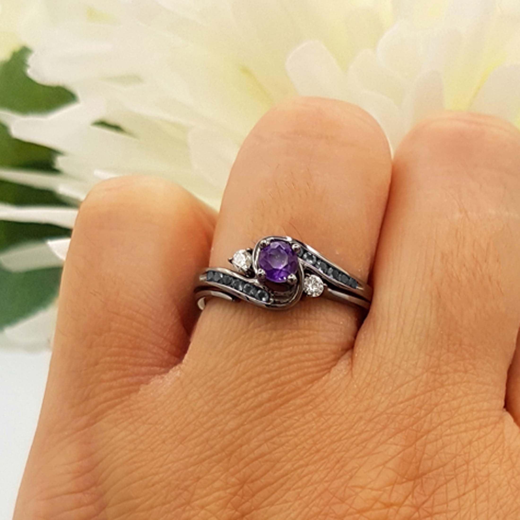 Dazzlingrock Collection Round Amethyst & White Diamond Swirl Bypass Wedding Ring Set for Women Black Plated in 10K White Gold, Size 8