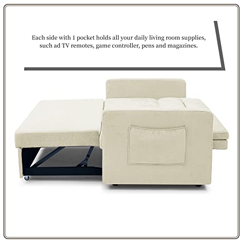 Polibi 54.5'' Modern Convertible Sleeper Sofa Bed with Two Arm Pockets, Velvet Sofa w/Pull-Out Bed Loveseat Sofa Couch and Adjsutable Back for Living Room (Beige)
