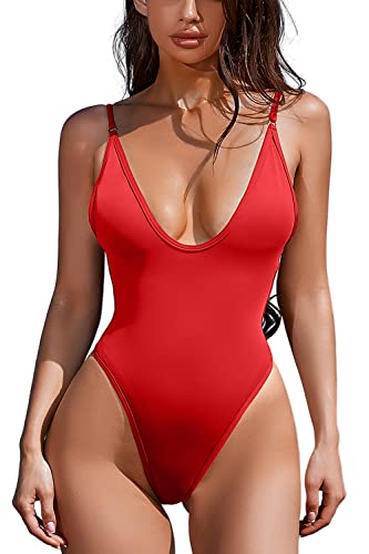 ESONLAR Women's Sexy Plunging V Neck Bathing Suit Open Back One Piece Swimsuits Red S