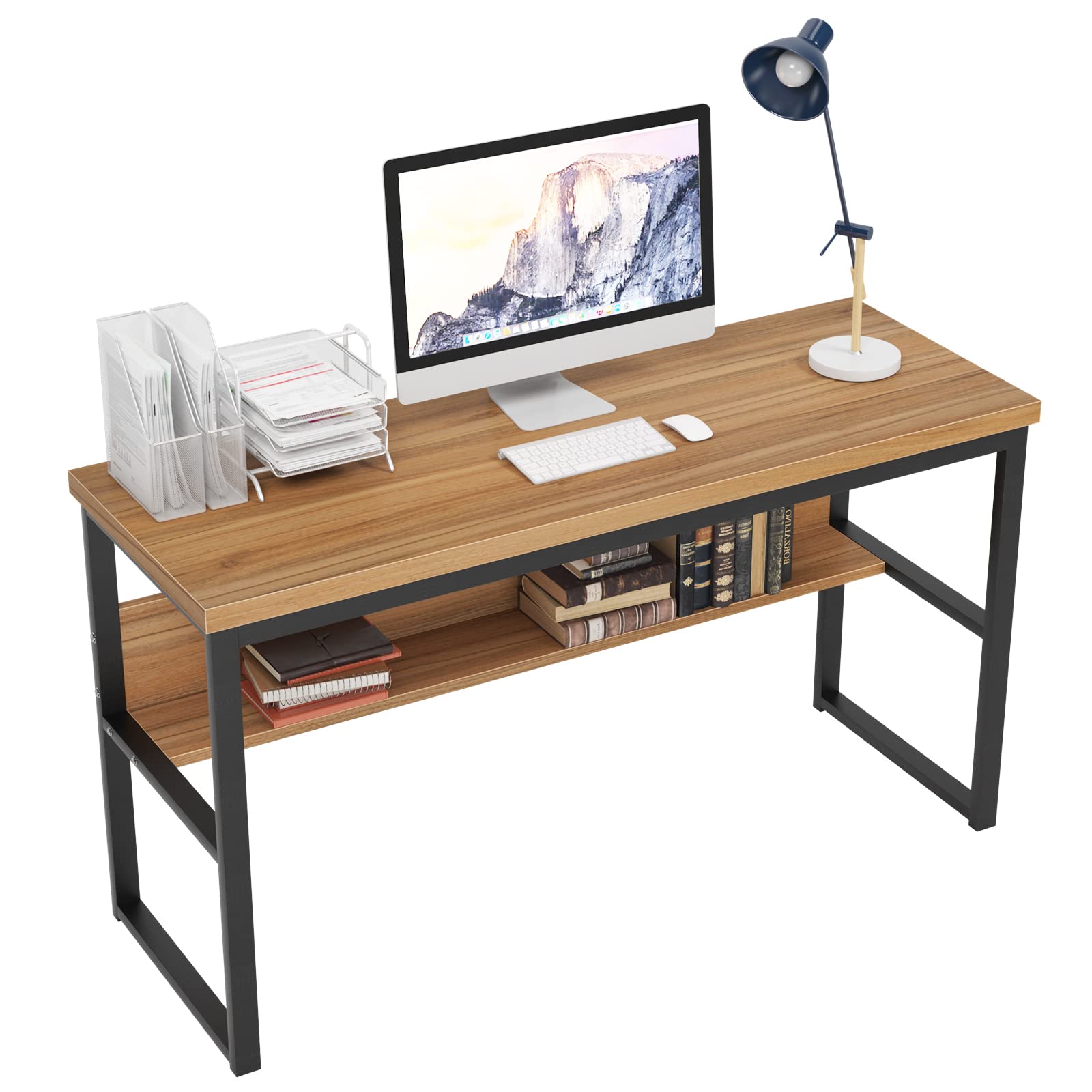 DlandHome 55 inch Computer Desk with Storage Shelf Underneath, Office Trestle Desk Desk, Writing Table Workstation Table with Bookshelf for Home Office, LD-JB01OK