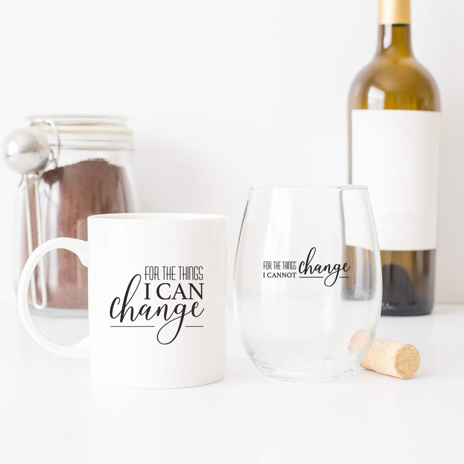 For The Things I Can And Cannot Change Coffee Mug And Stemless Wine Glass Gift Set/Funny Sarcastic Cup Combo/Humorous Beverage Present