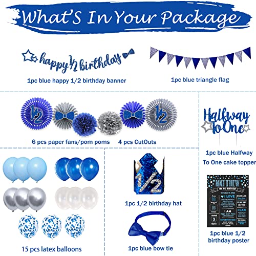 Half Birthday Decorations Baby Boy, Hombae 1/2 Birthday Boy Decorations Supplies, 6 Months Birthday Decorations Boy, Blue Glitter Half Birthday Banner with Triangle Flag Banner, 1/2 Birthday Hat Crown with Blue Bow Tie, Halfway to One Cake Topper, Blue Gr