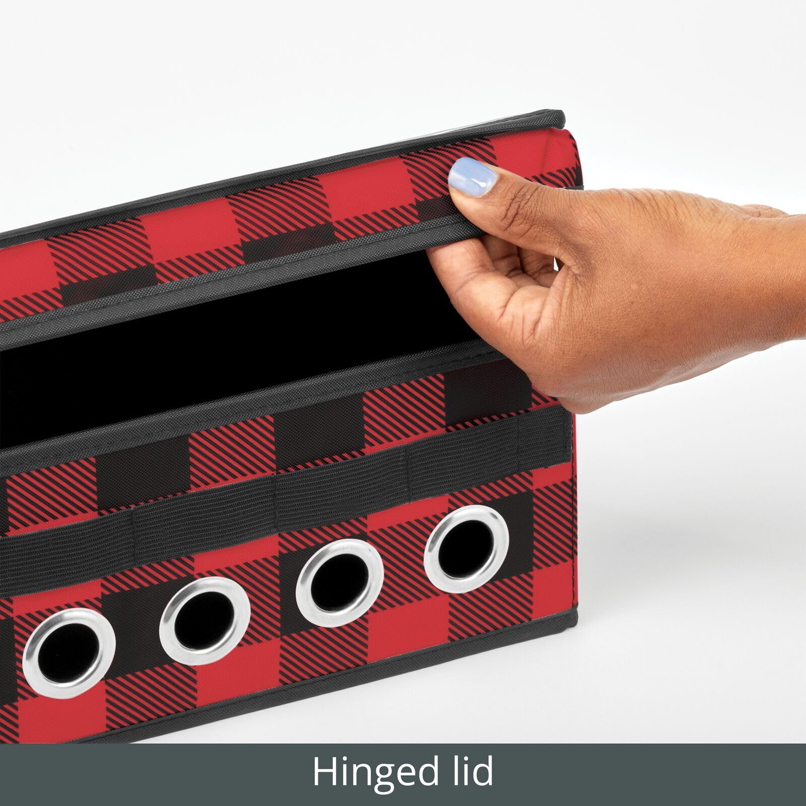 mDesign Gift-Wrapping Ribbon Storage Box with Handles - Holiday Bow Organizer Container with Lid - Christmas Giftwrap Ribbon Holder - Gift Storage Tote Bin and Bow Station - Buffalo Plaid Red/Black