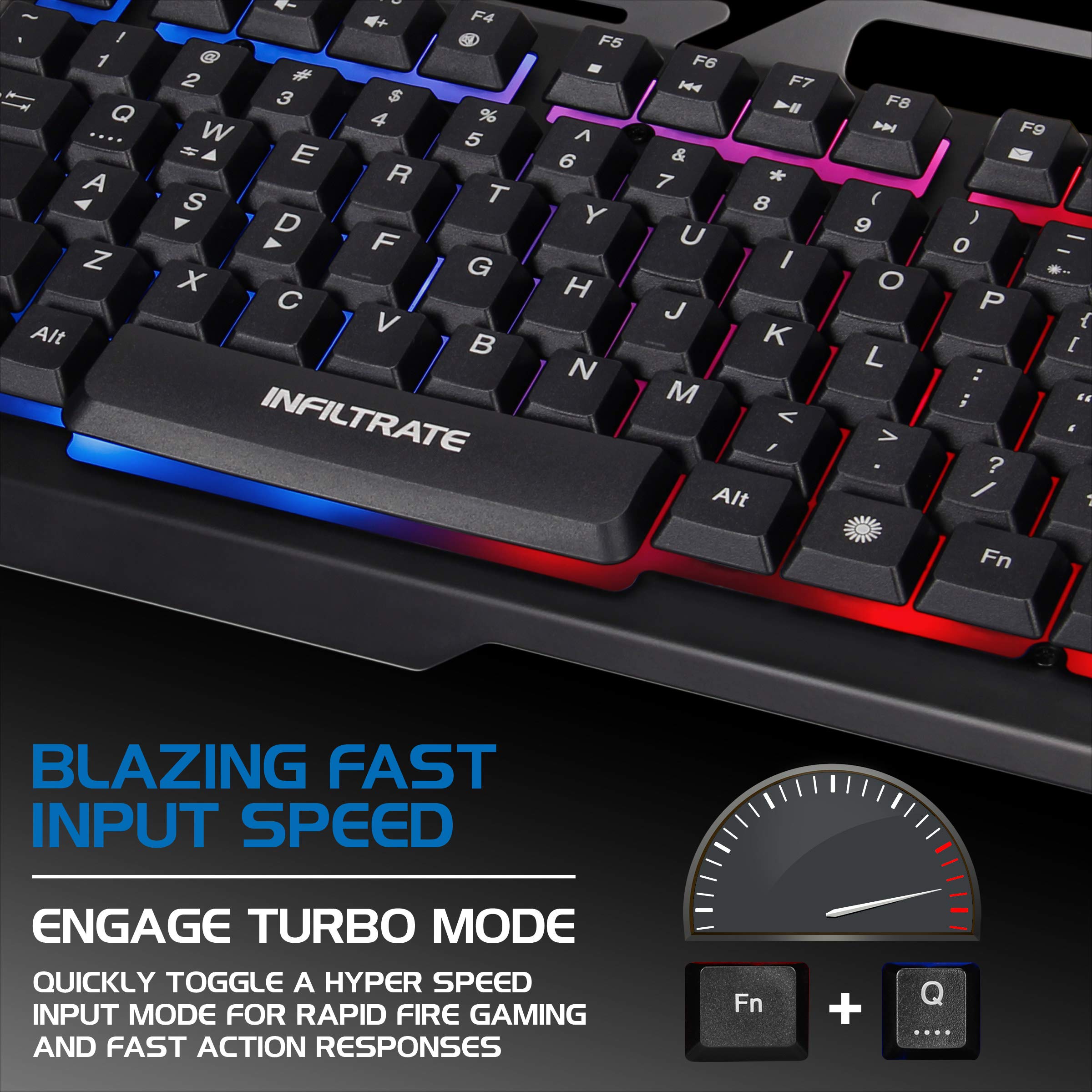 ENHANCE Infiltrate KL2 Membrane Gaming Keyboard - Quiet Keyboard with 3 Multi Color LED Lighting Modes, Turbo Input Mode, Anti-Ghosting, 19 Key Roll Over, Slim Low Profile Metal Design