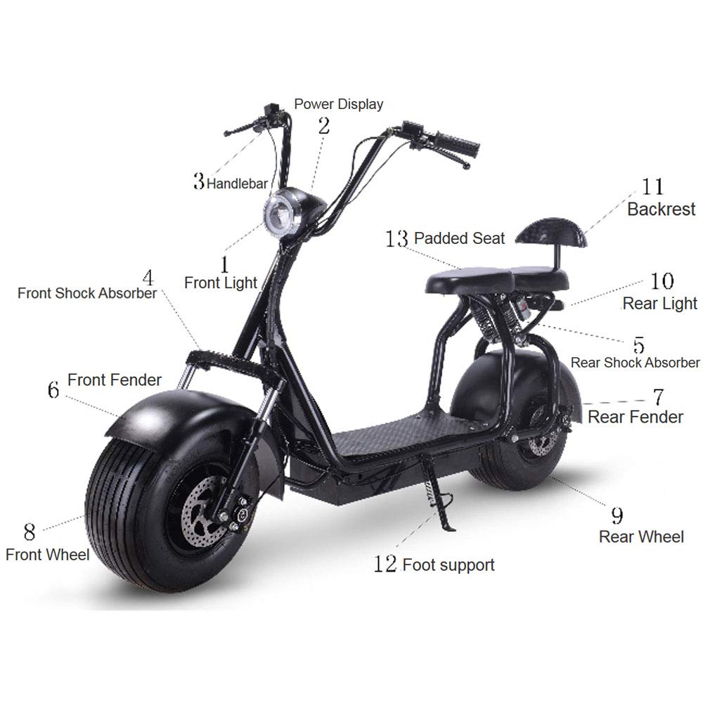 Electric 60V 1000W Fat Tire Scooters,Adult Citycoco with 2 Seat Power Scooter WERCS Battery Certificate,Key Start and Power Display (Cool Black)