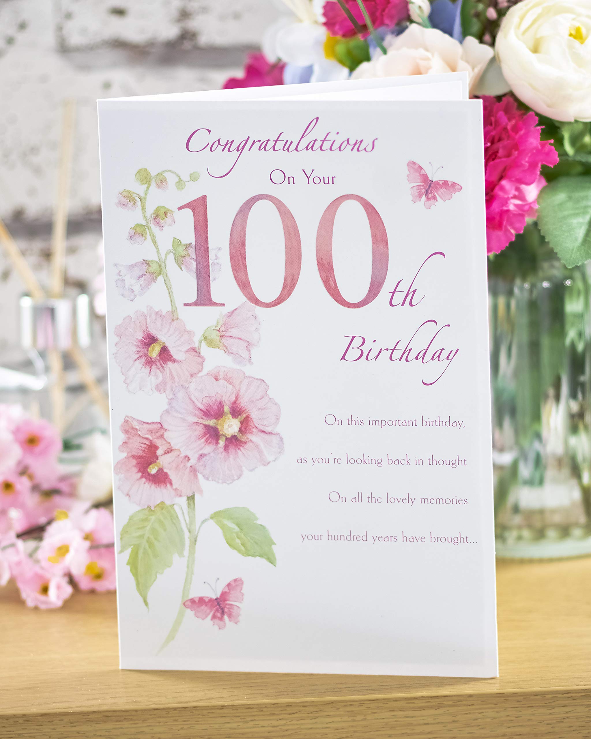UK Greetings 100th Birthday Card for Her/Friend - Delicate Pink Flower Design
