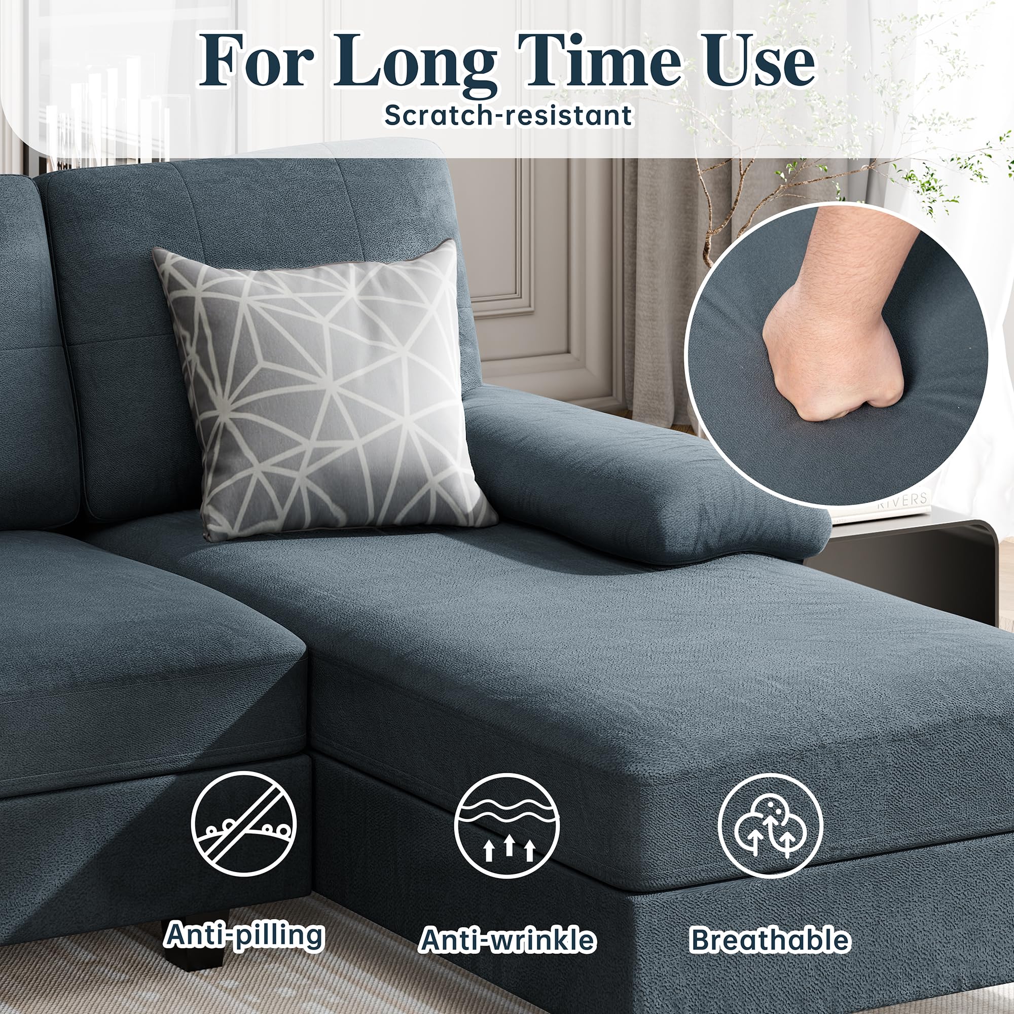 Meilocar Sectional Couches for Living Room, 4 Seat Sofa Set U-Shaped Couch with Double Wide Chaise, 106in Sofa Modern Fabric Large Couch with Oversized Seats (Grey)