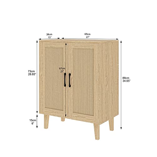 Panana Buffet Cabinet Sideboard with Rattan Decorated Doors Kitchen Storage Cupboard Accent Cabinet (Natural Wood)